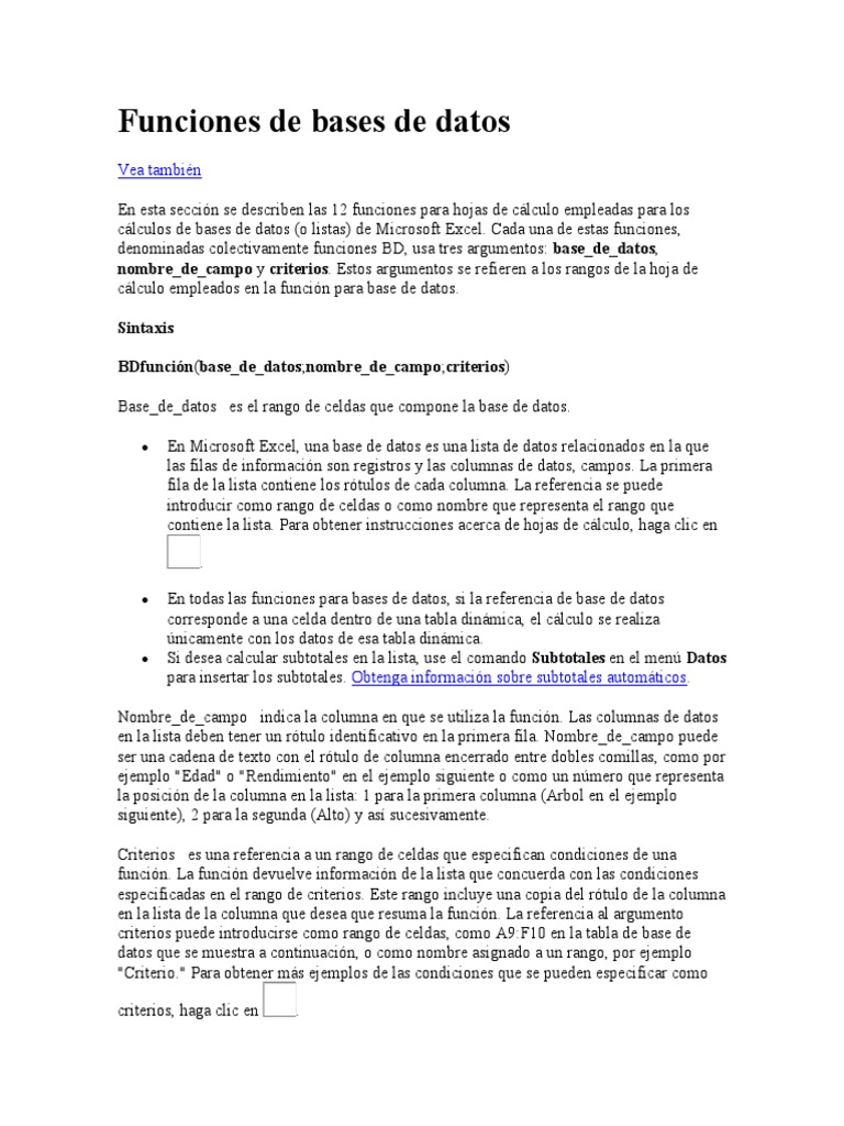 Funciones de Bases de Datos | PDF | Hoja de cálculo | Microsoft Excel
