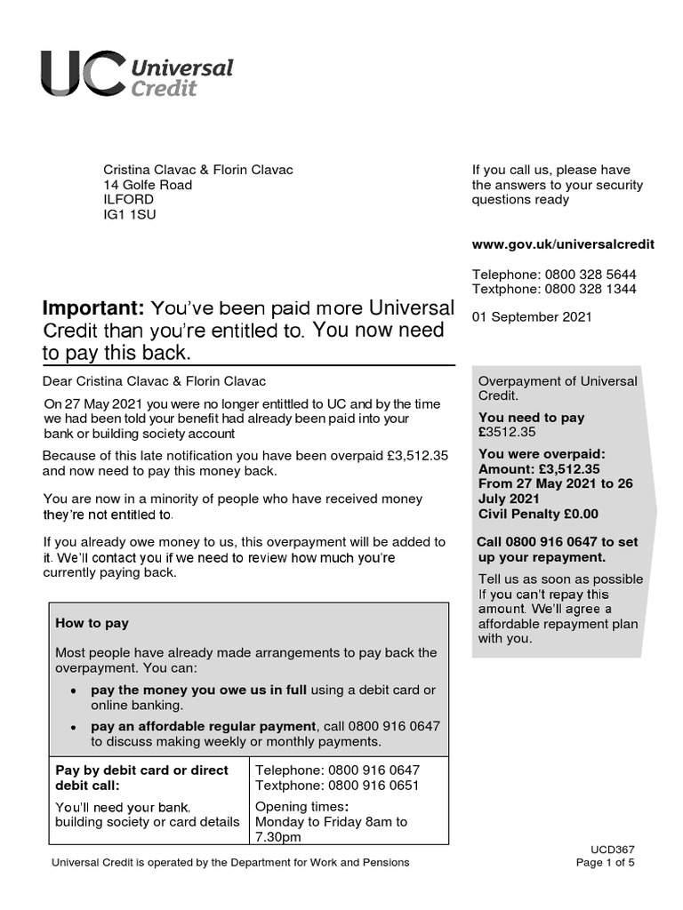 Universal Credit Overpayment Notice | PDF | Employment | Justice