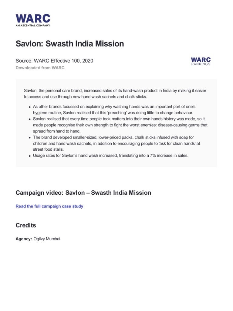 Savlon: Swasth India Mission: Source: WARC Effective 100, 2020 | PDF ...