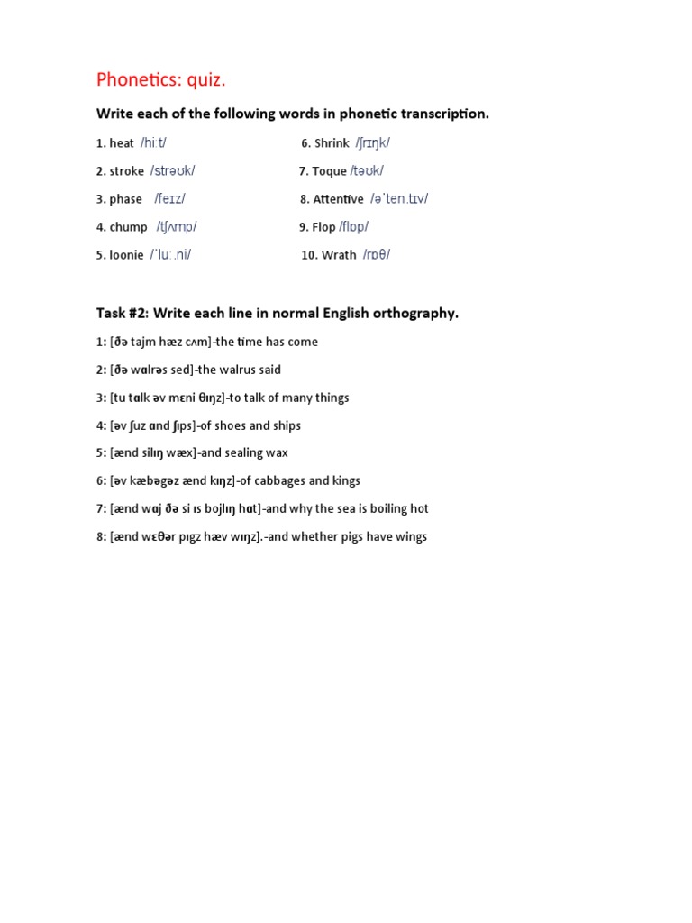 Phonetics: Quiz.: Write Each of The Following Words in Phonetic ...
