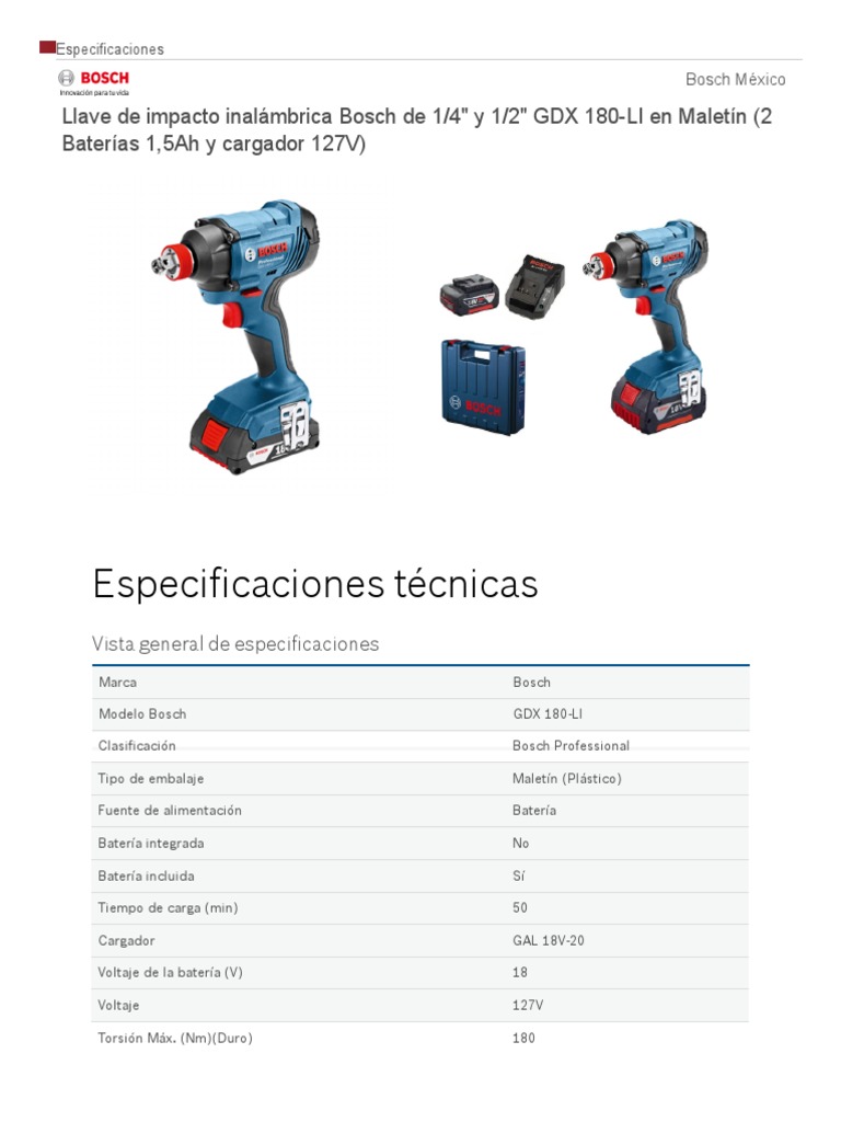 Llave de Impacto Inalámbrica Bosch de 1 - 4 - y 1 - 2 - GDX 180-LI en Maletín (2 Baterías 1,5ah ...