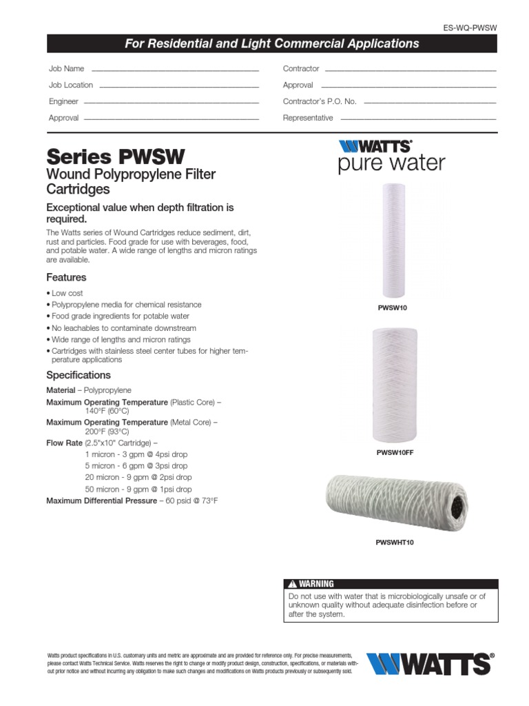 Series PWSW: Wound Polypropylene Filter Cartridges | PDF | Chemistry ...