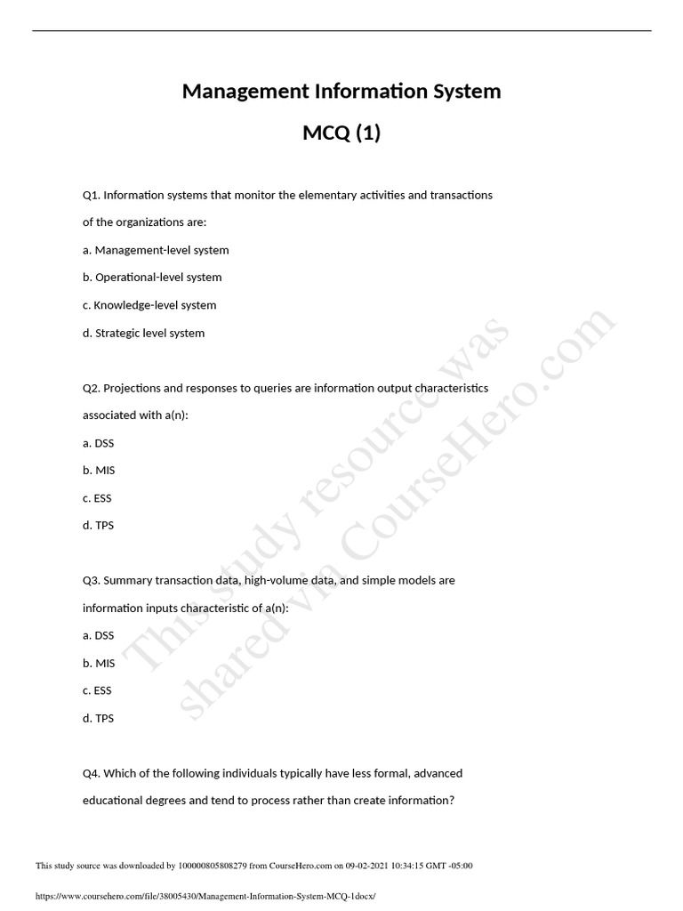 This Study Resource Was: Management Information System MCQ | PDF ...