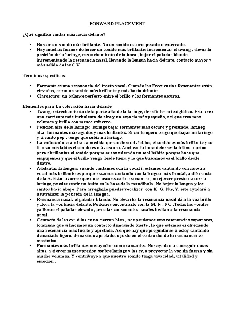 Tecnica de Canto: Foward Placement | PDF | Vocal | Sonido