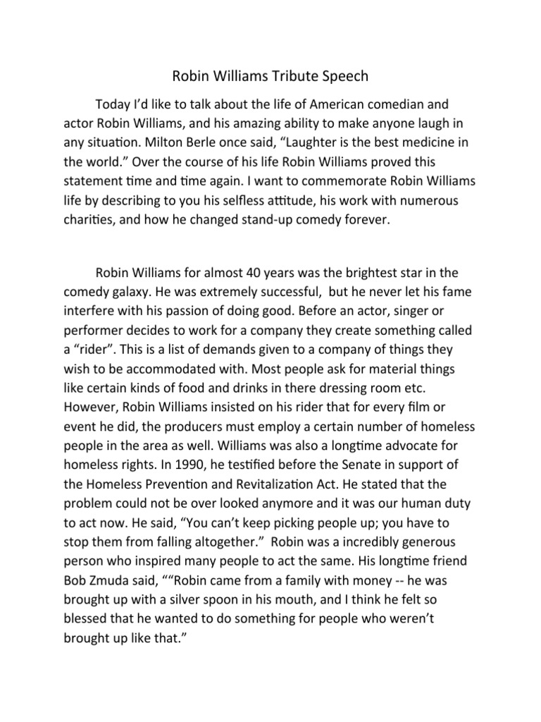 Robin Williams Tribute Speech | PDF | Stand Up Comedy