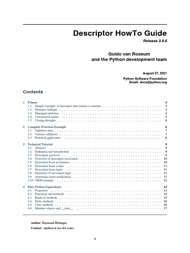 Descriptor Howto Guide: Guido Van Rossum and The Python Development Team | PDF | Class (Computer ...