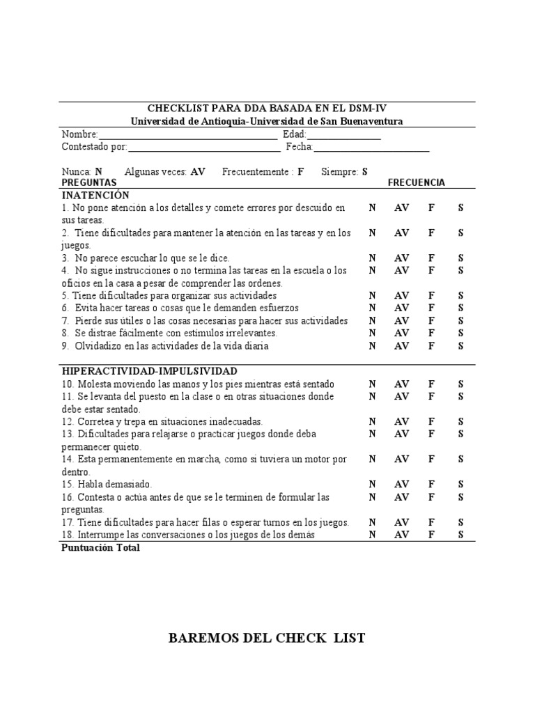 Checklist DDA según DSM-IV | PDF