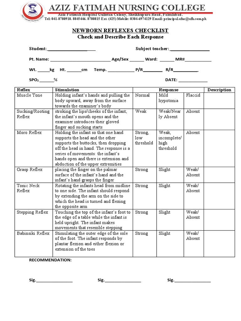 Newborn Reflexes Checklist Check and Describe Each Response | PDF ...