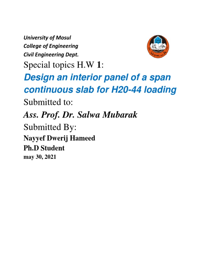 Special Topics H.W 1:: Design An Interior Panel of A Span Continuous ...