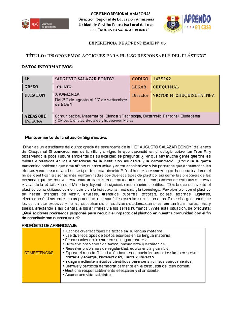 Experiencia de Aprendizaje 6 5to Grado | PDF | El plastico | Aprendizaje