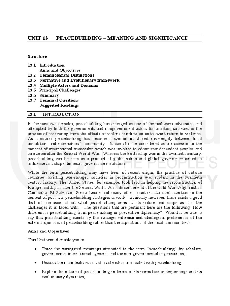Unit 13 Peacebuilding - Meaning and Significance | PDF | Peacebuilding ...