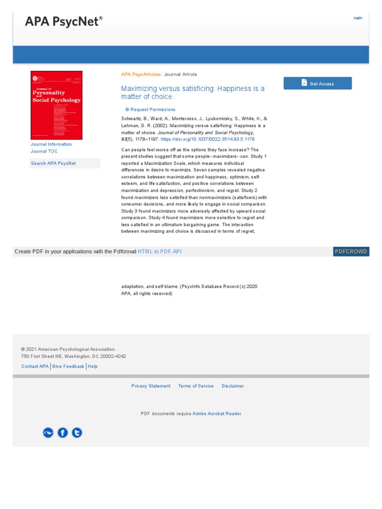 Maximizing Versus Satisficing: Happiness Is A Matter of Choice | PDF ...