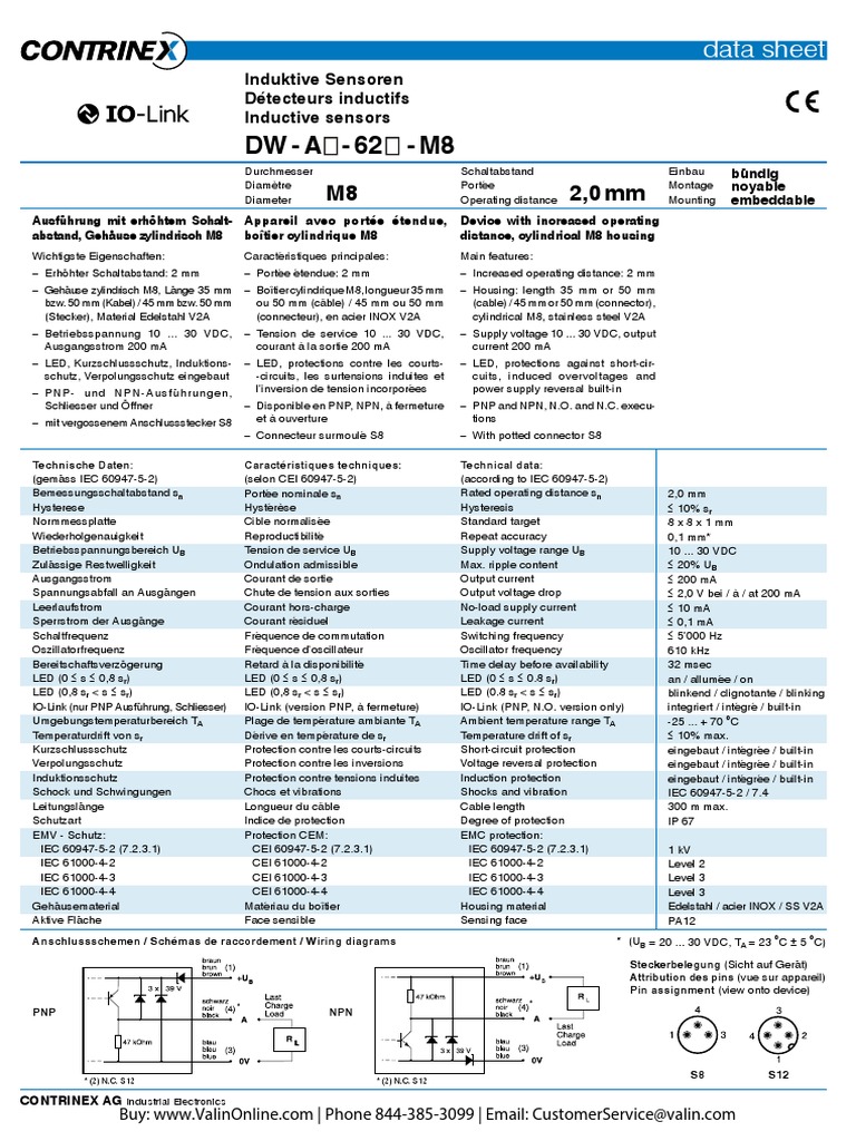 Contrinex DW Ax 62x m8 Datasheet - Induktiver - Drehzahlsensor | PDF ...