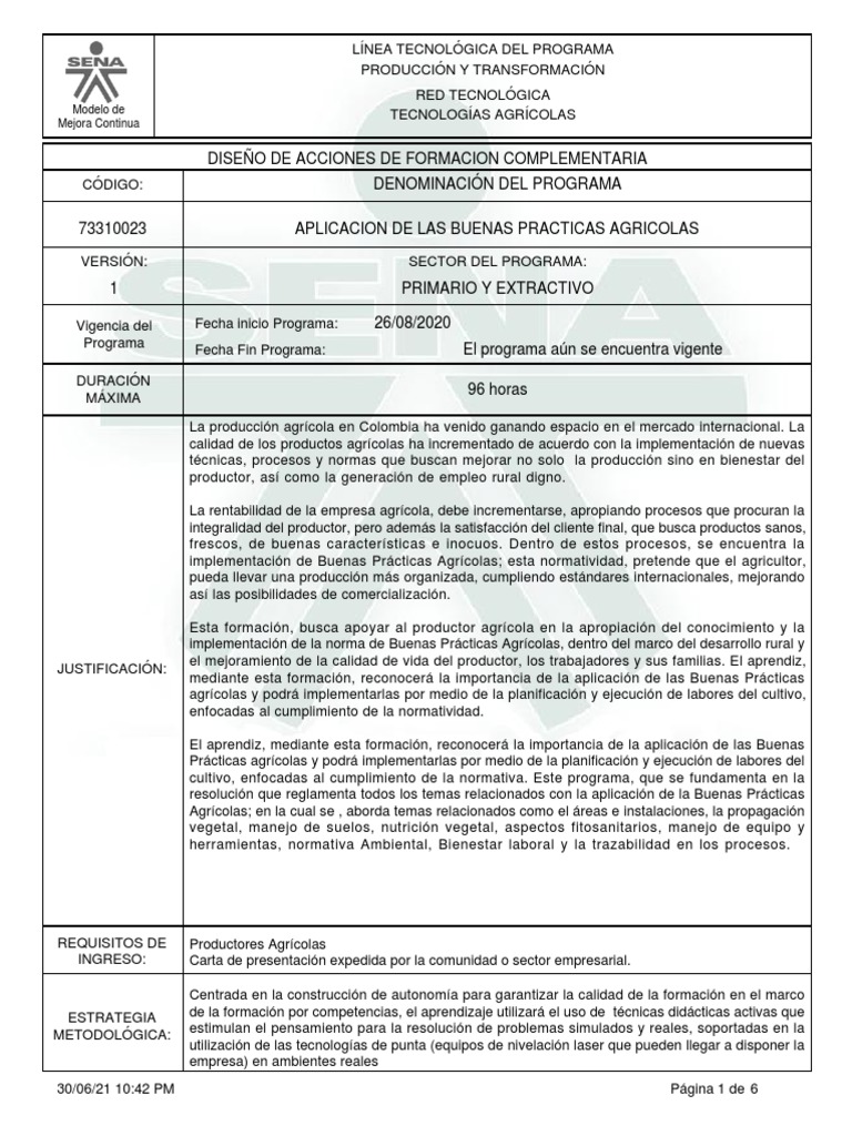 Informe Programa de Formación Complementaria | PDF | Agricultura | Agronomía