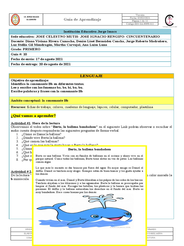 Grado 1º - Guia #16 La Consonante B | PDF