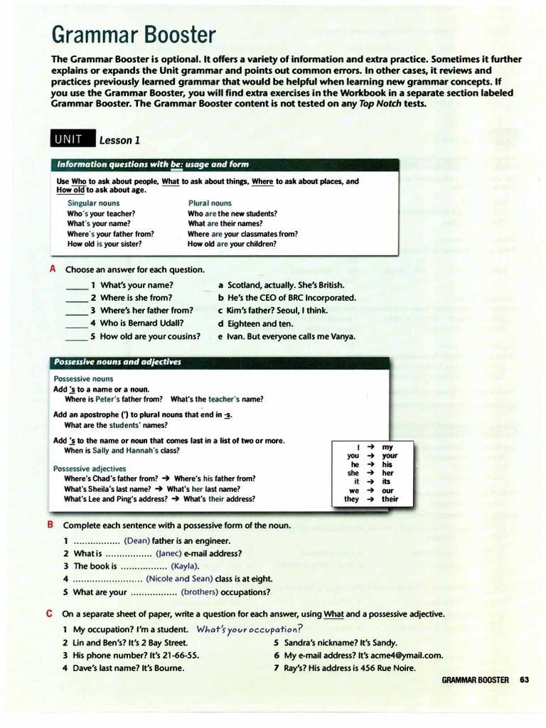 Top Notch 1a, Grammar Booster | PDF | Subject (Grammar) | Noun