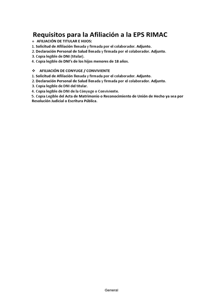 Requisitos Para La Afiliación a La EPS RIMAC Ingresos | PDF