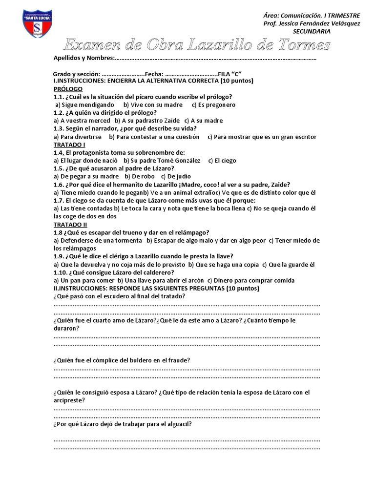 Examen de Lazarillo de Tormes | PDF | Humor