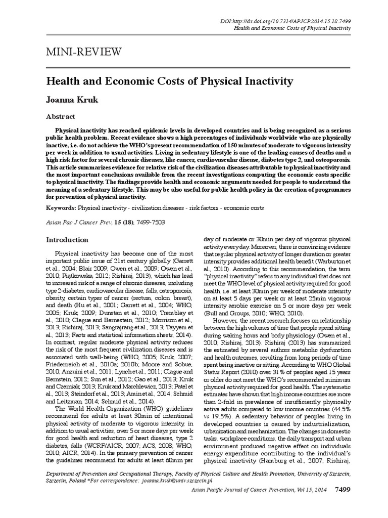 Health and Economic Costs of Physical Inactivity | PDF | Sedentary ...