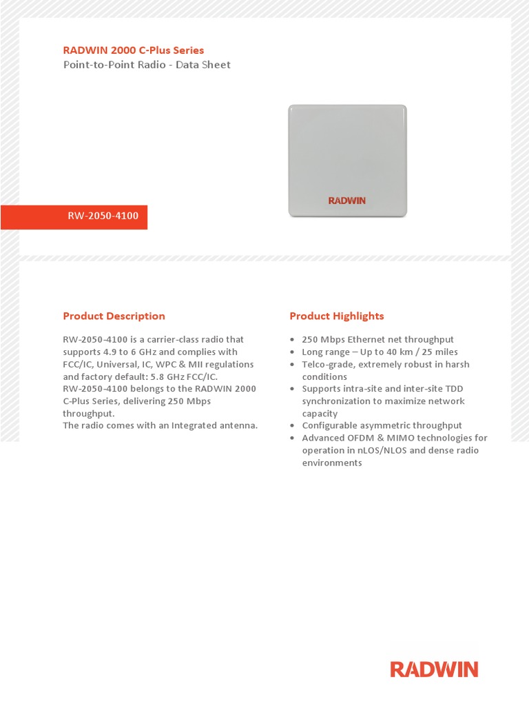 Point-to-Point Radio - Data Sheet: RADWIN 2000 C-Plus Series | PDF | Radio | Electrical Engineering