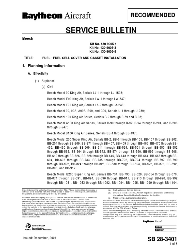 SB 28-3401 Fuel Cell Cover and Gasket Installation | PDF | Aircraft ...