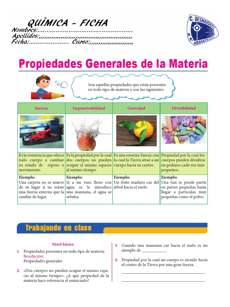 Hoja De Trabajo Sobre Las Propiedades De La Materia En La Escuela ...