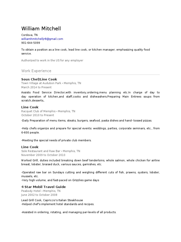 William Mitchell: Work Experience | PDF | Chef | Restaurants