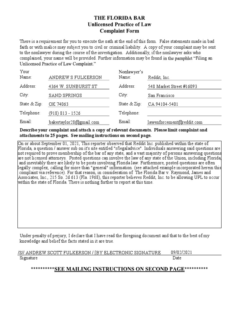 Florida UPL Complaint | PDF | Complaint | Justice