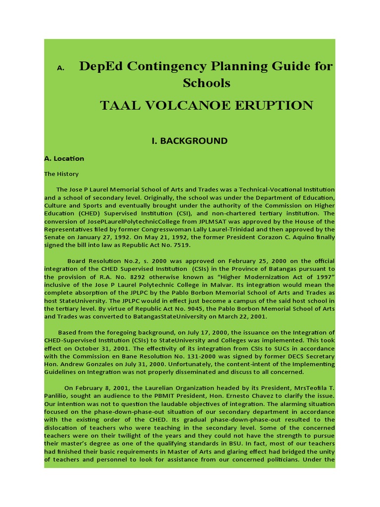 Deped Contingency Planning Guide For Schools Taal Volcanoe Eruption ...