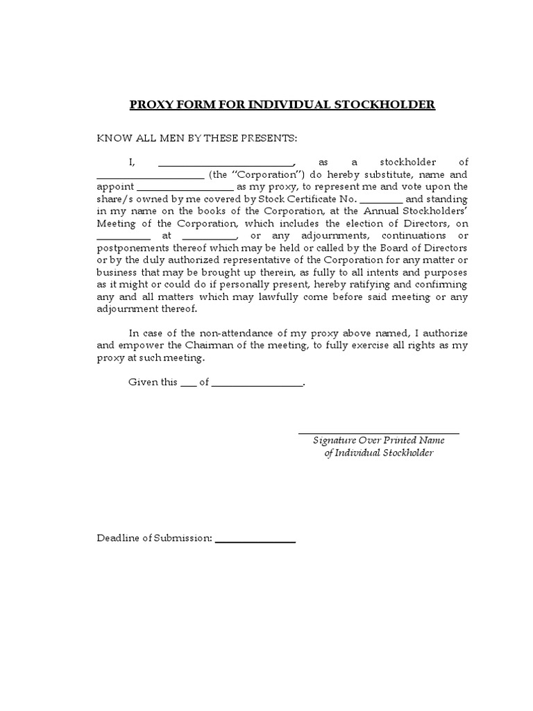 Proxy Form For Individual Stockholder | Download Free PDF | Proxy ...