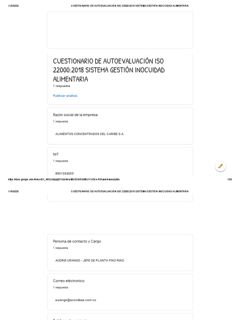 Cuestionario de Autoevaluación Iso 22000 - 2018 Sistema Gestión ...