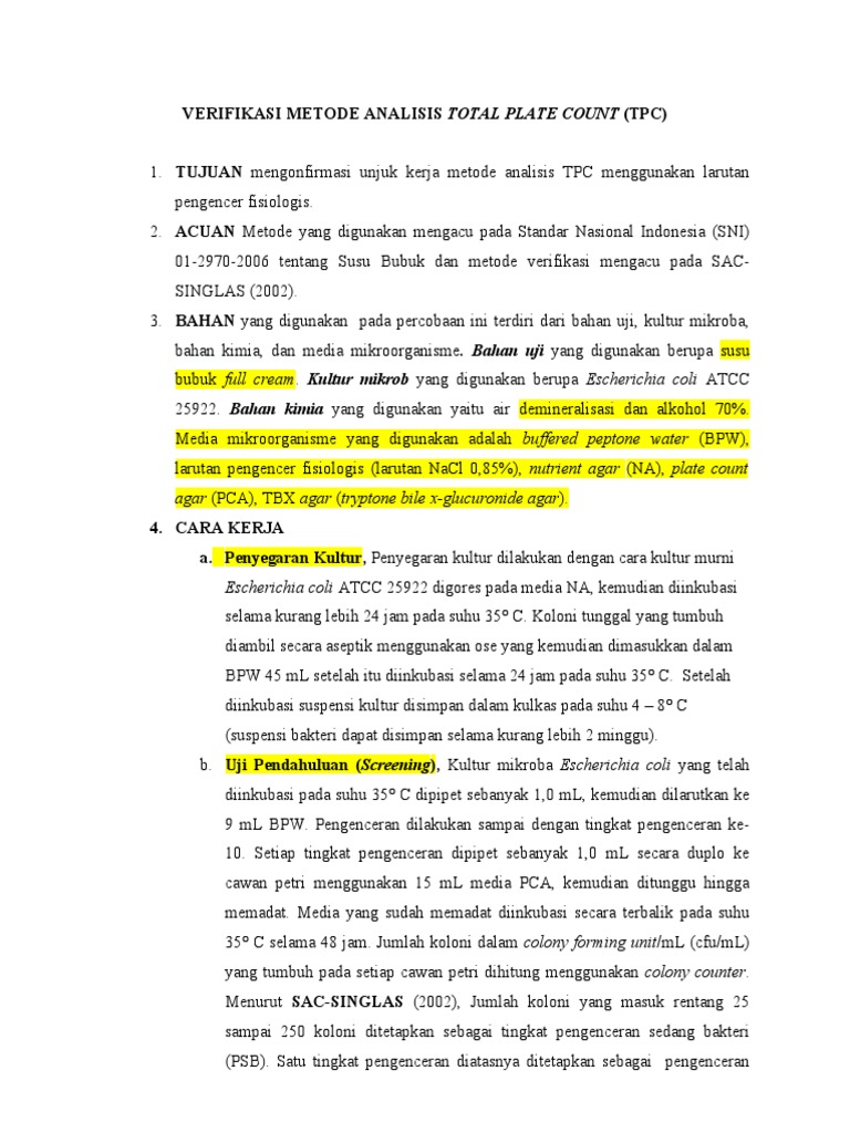 Verifikasi Metode Analisis Total Plate Count | PDF