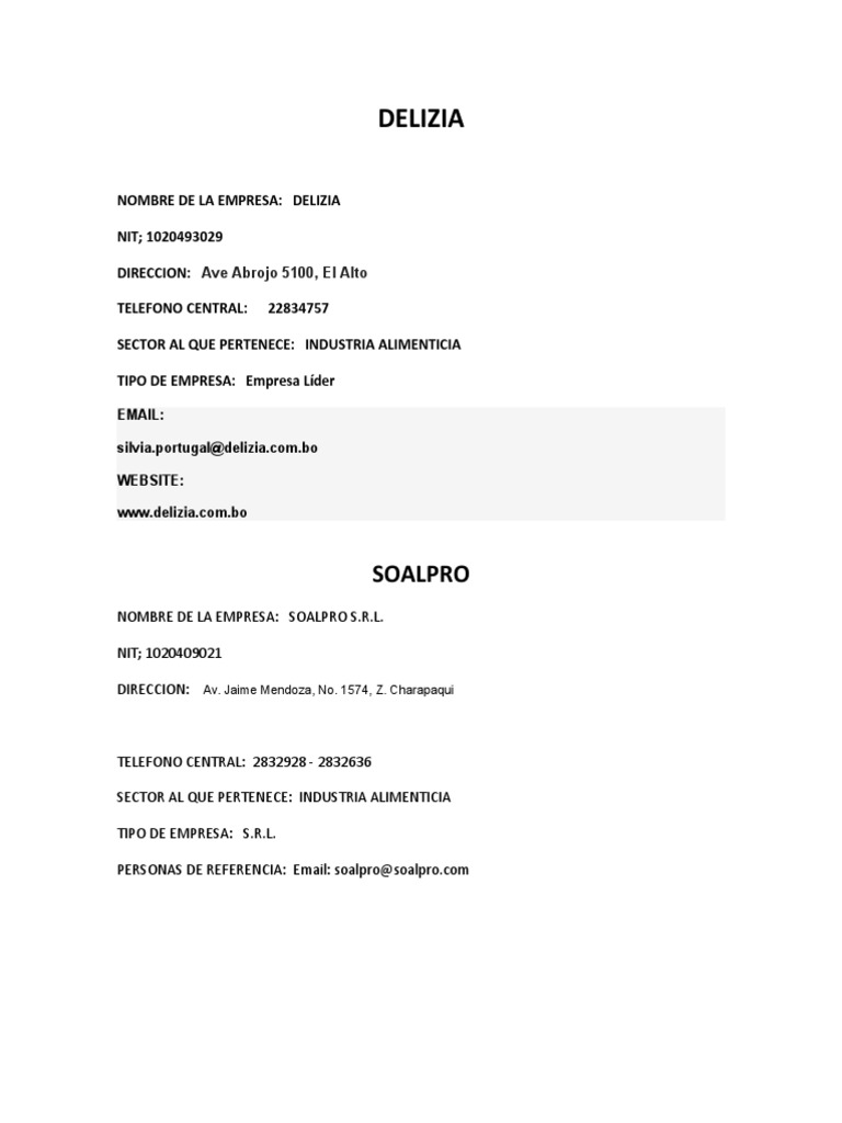 Datos de Empresa Delizia y Soalpro | PDF