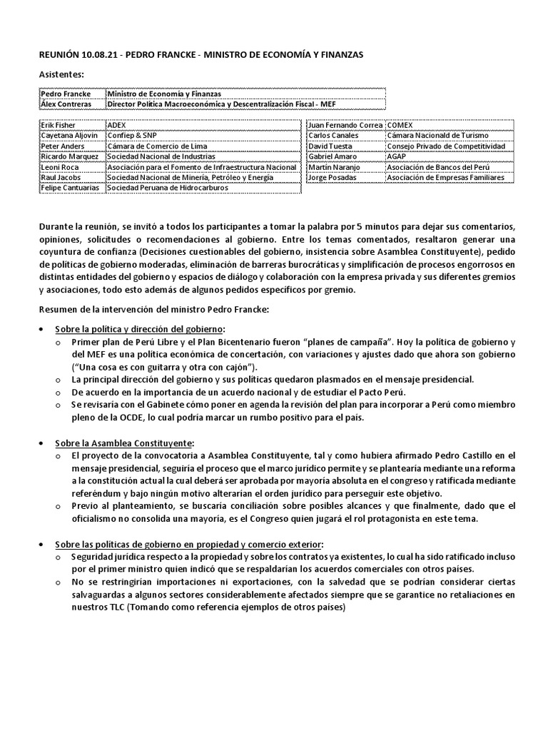 Resumen - Reunión MEF 10.08.21 | PDF | Perú | Gobierno