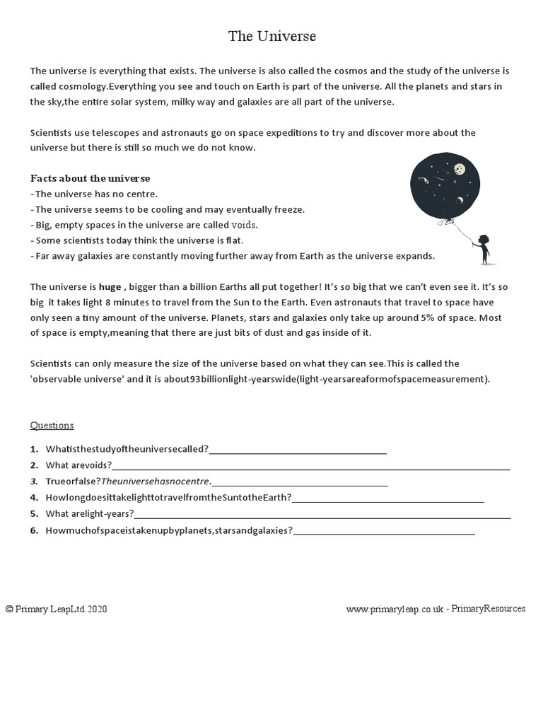 Reading Comprehension The Universe Reading Comprehension Exercises ...