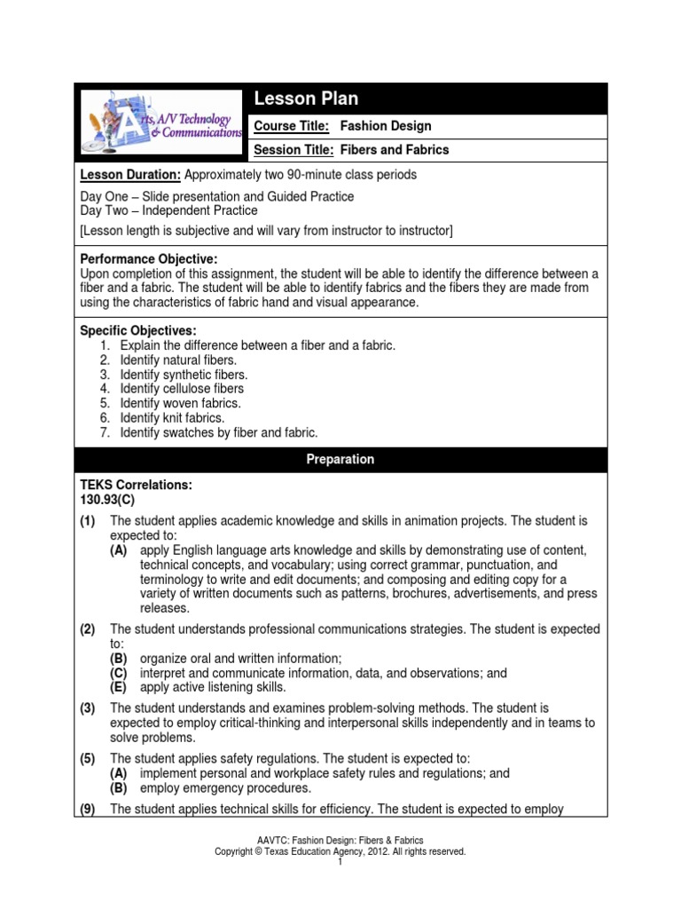 Lesson Plan: Preparation | PDF | Yarn | Textiles