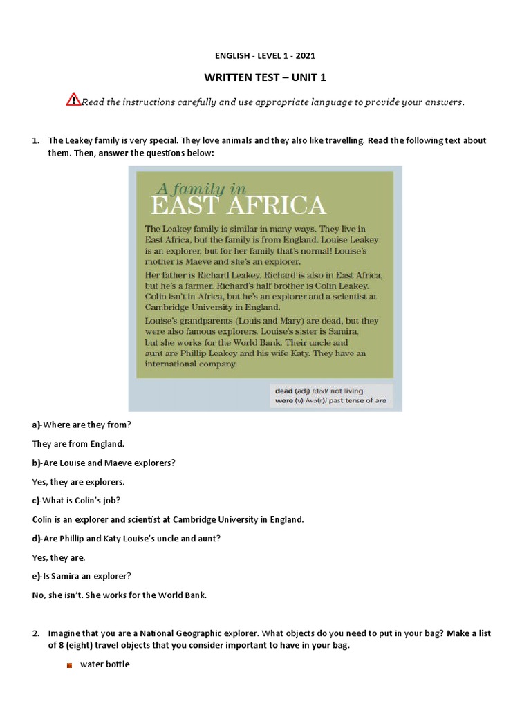 Written Test - Unit 1: Read The Instructions Carefully and Use ...