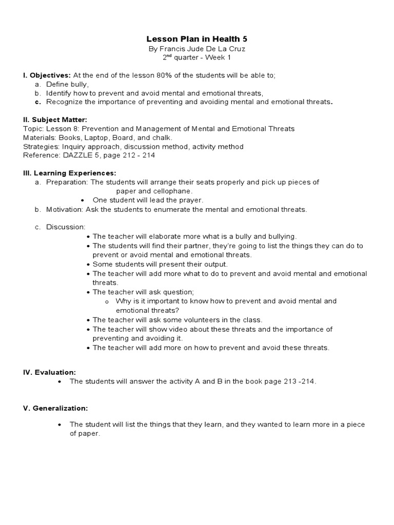 Lesson Plan in Health 5: I. Objectives: at The End of The Lesson 80% of ...