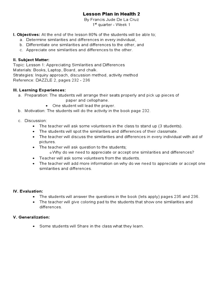 Lesson Plan in Health 2 | PDF | Lesson Plan | Teachers