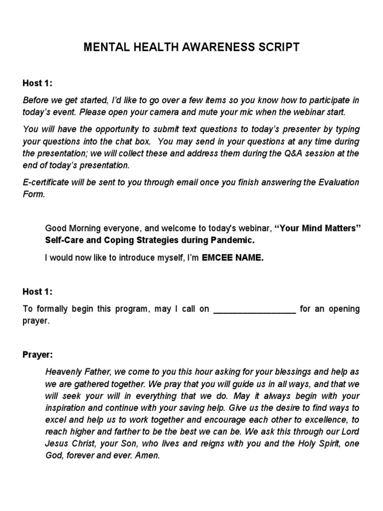 Mental Health Awareness Script | PDF | Prayer | God The Father