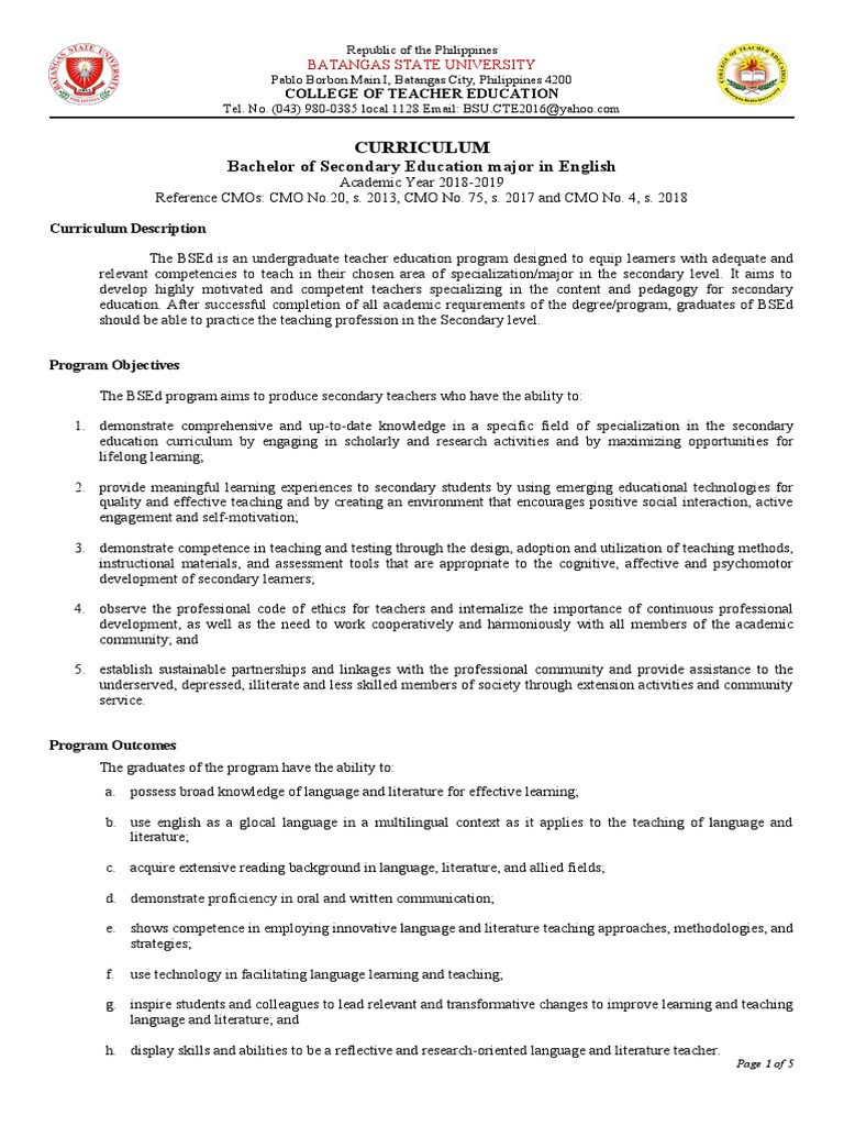 Curriculum Bsed English | PDF | Teachers | Curriculum