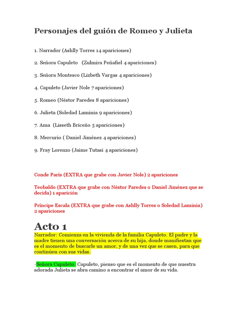 Guión de Romeo y Julieta | PDF | Romeo y Julieta