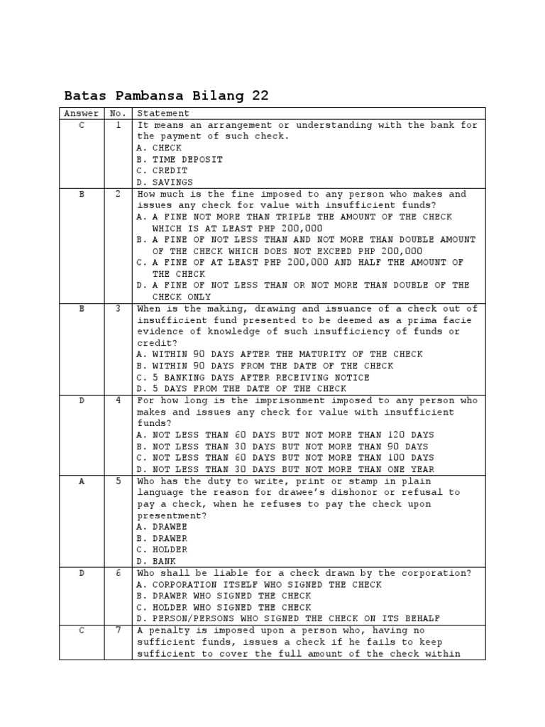 Bp 22 Quizzer With Answers Pdf Banking Justice