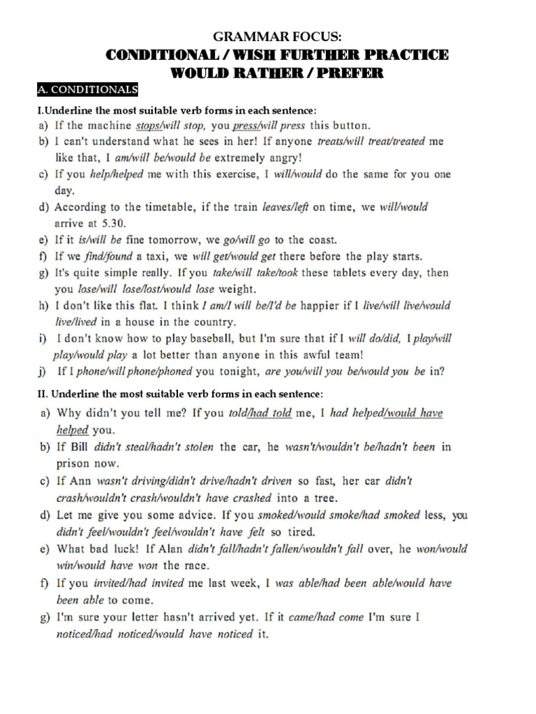 Conditional Wish Would Rather Prefer | PDF | Sentence (Linguistics ...