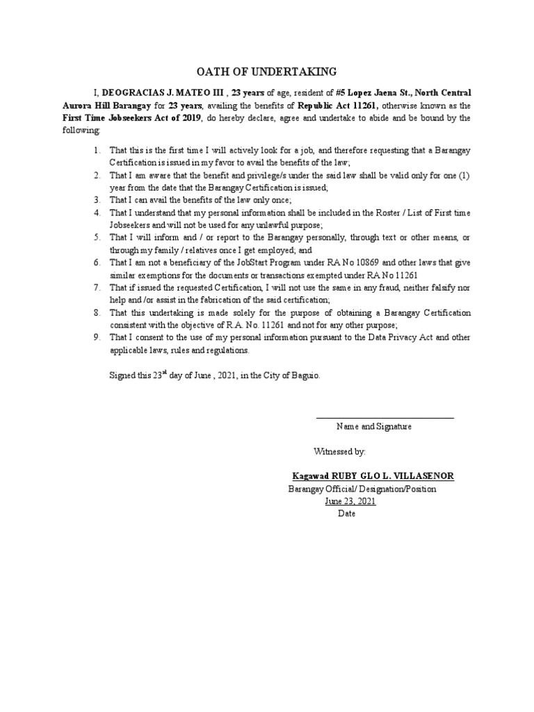 OATH of UNDERTAKING - First Time Job Seeker | PDF | Civil Law (Common ...