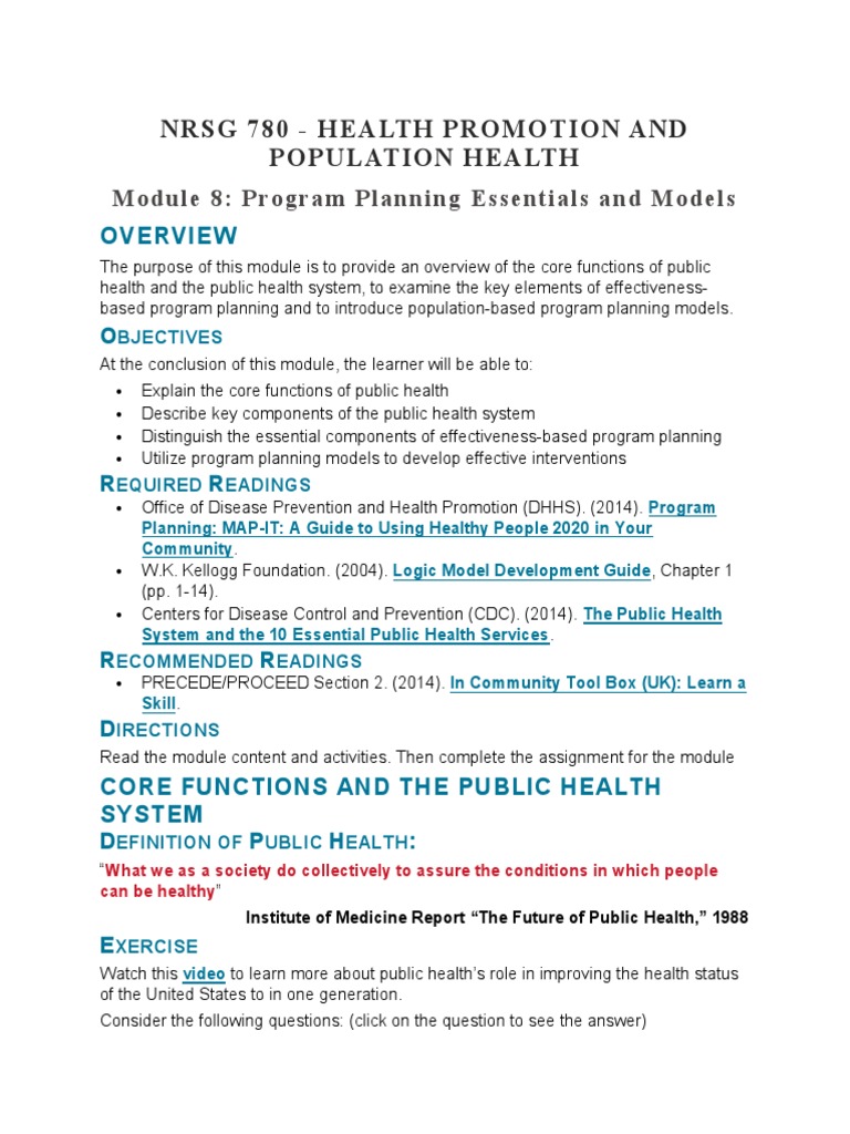 NRSG 780 - Health Promotion and Population Health: Module 8: Program ...