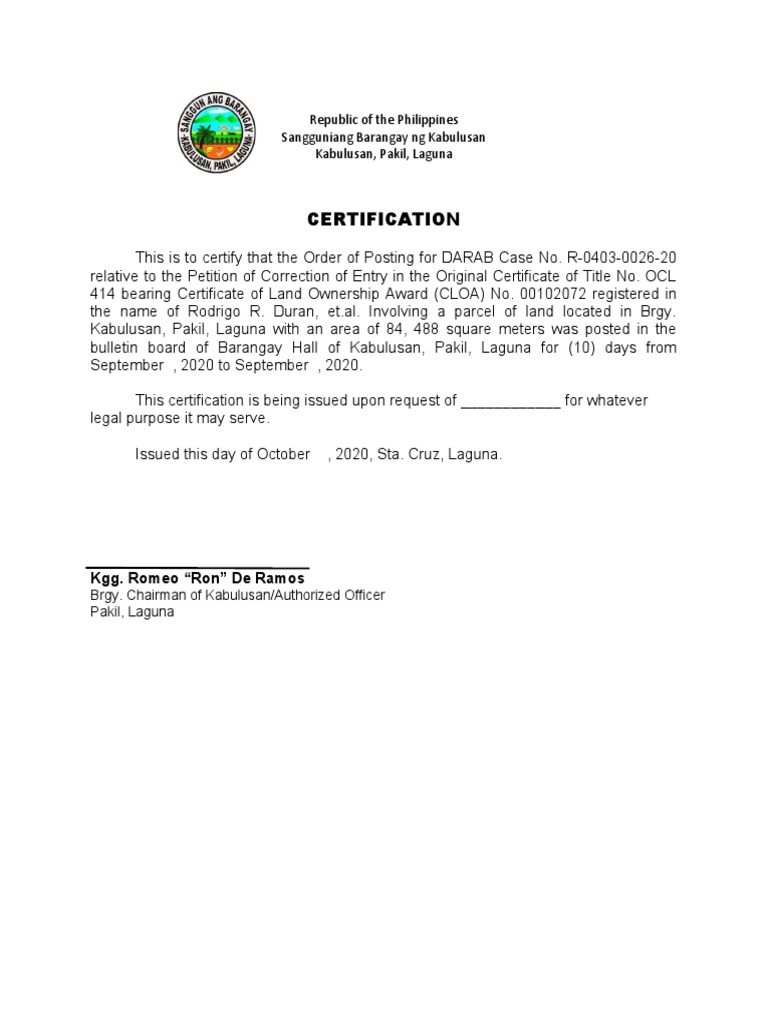 Certification: Republic of The Philippines Sangguniang Barangay NG ...