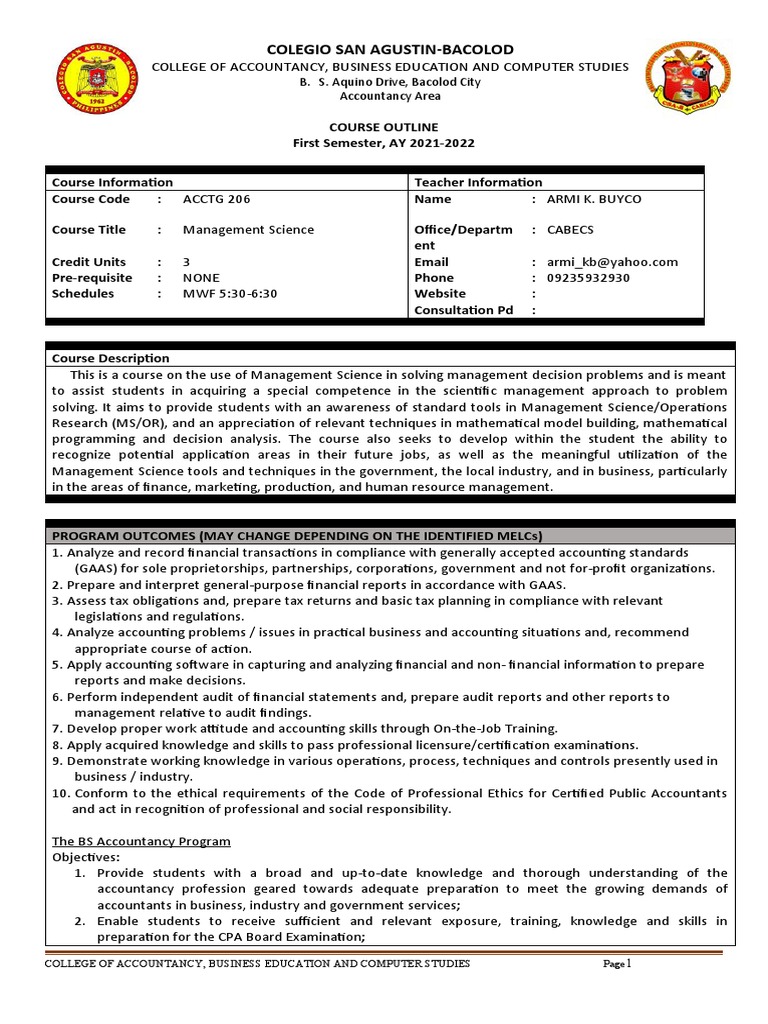 BUYCO - ACCTG 206 BSA BSAIS Course Outline | PDF | Accounting | Accountant