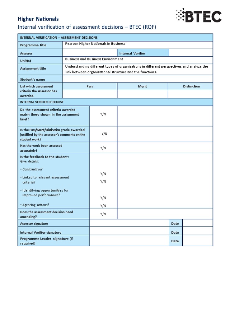 Internal Verification of Assessment Decisions - BTEC (RQF) : Higher Nationals | Download Free ...