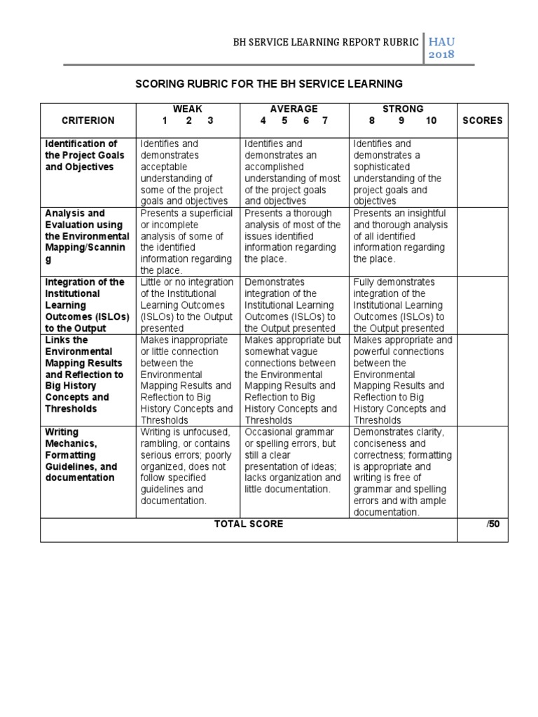 Big History Service Learning Rubrics | PDF | Rubric (Academic ...